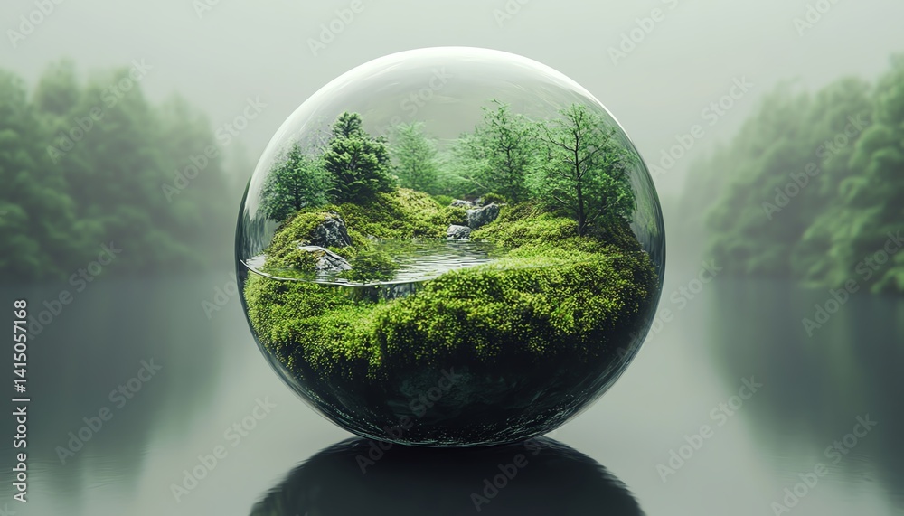 ecosphere glass ball with living ecosystem, moss, plants, water ...