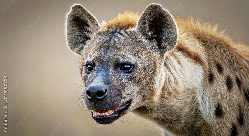 Intense close-up portrait of a Spotted Hyena's face, emphasizing its ...