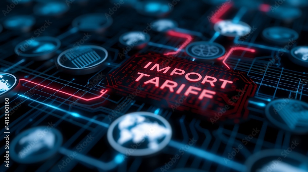 Global supply chain visual with interconnected trade icons and a central banner reading IMPORT ...