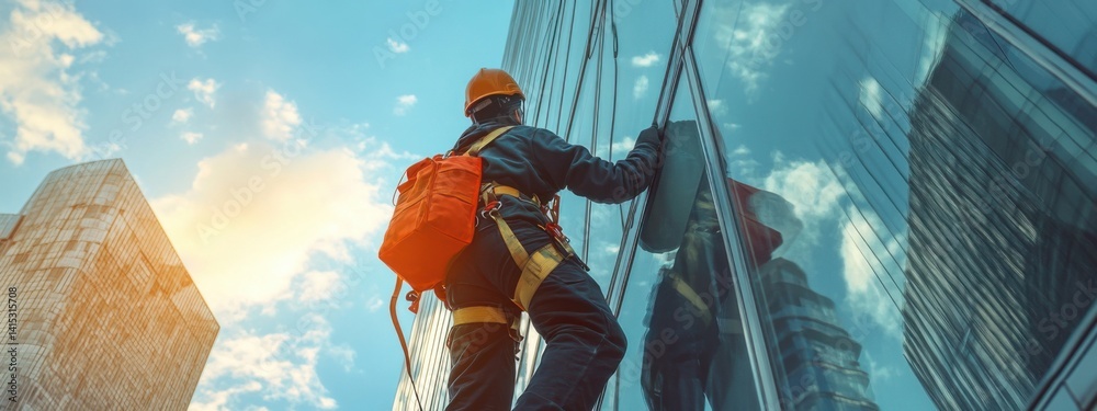 Worker cleans high-rise building windows at sunset while securely ...