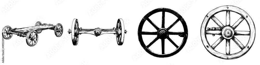 Historical vector illustration of four different types of wheels and ...
