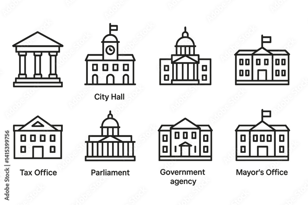 outline vector icons of government buildings: courthouse, city hall ...