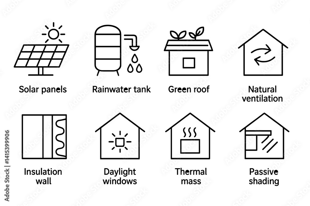 outline vector icons of eco-buildings: solar-paneled home, green ...