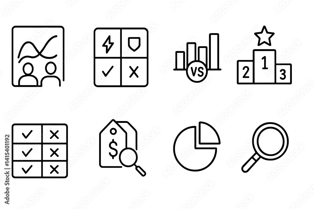 outline vector icons of competitive analysis: competitor chart, SWOT icon, side-by-side graph ...