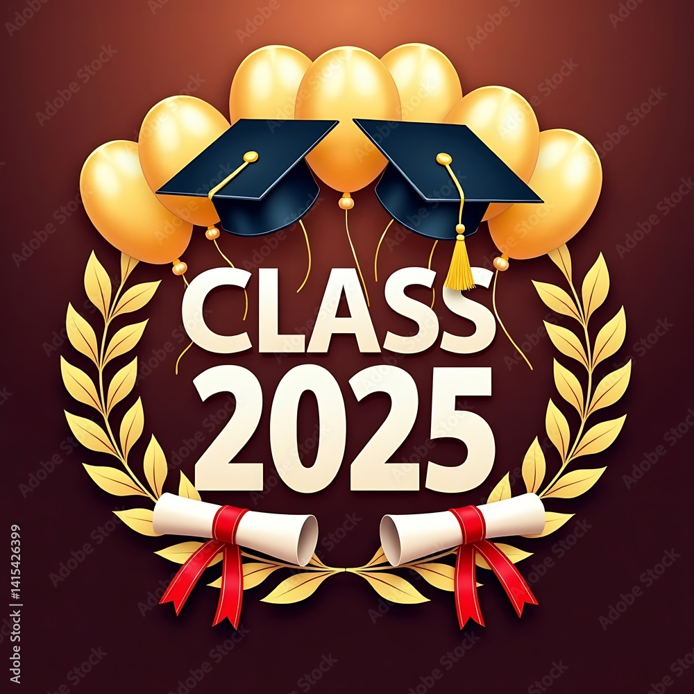 Graduation class of 2025 celebration emblem with caps gold balloons ...