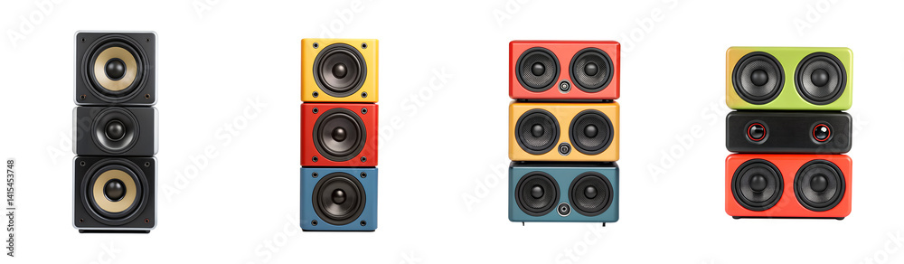 Colorful and modular loudspeakers stacked vertically on a white ...
