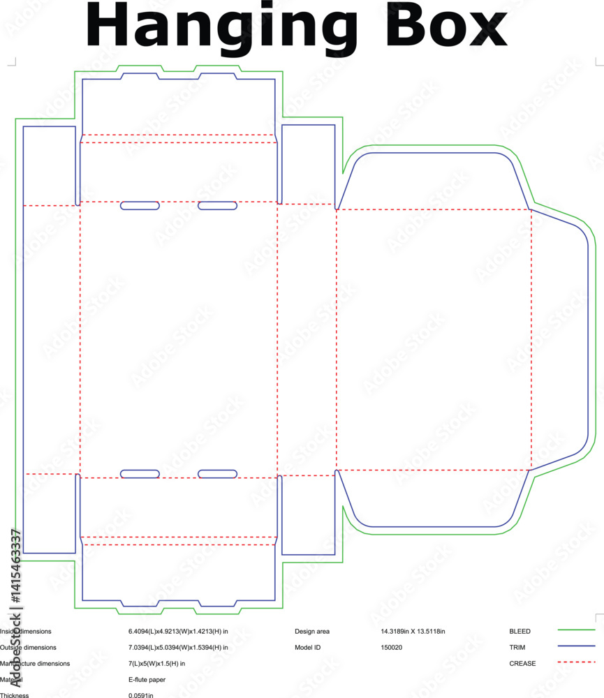 Technical blueprint for hanging box packaging design with dimensions ...