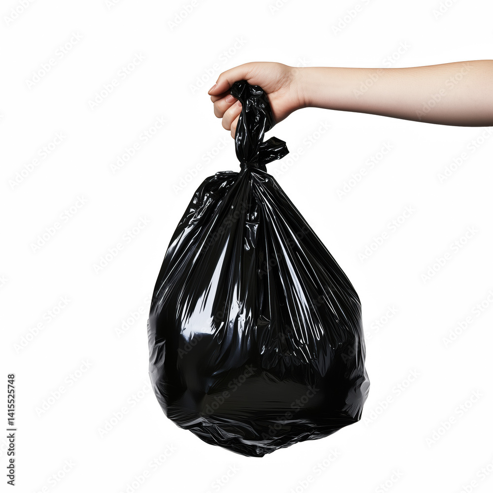 A human hand holding a full black plastic garbage bag by the knot ...