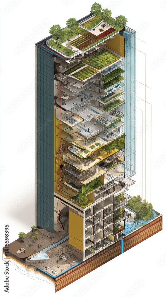Vertical farming retrofitted office tower cross-section with integrated ...