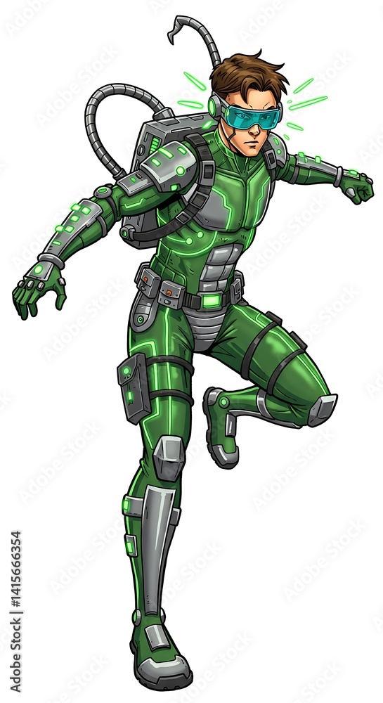 Young tech-powered superhero with gadget-covered costume on white ...