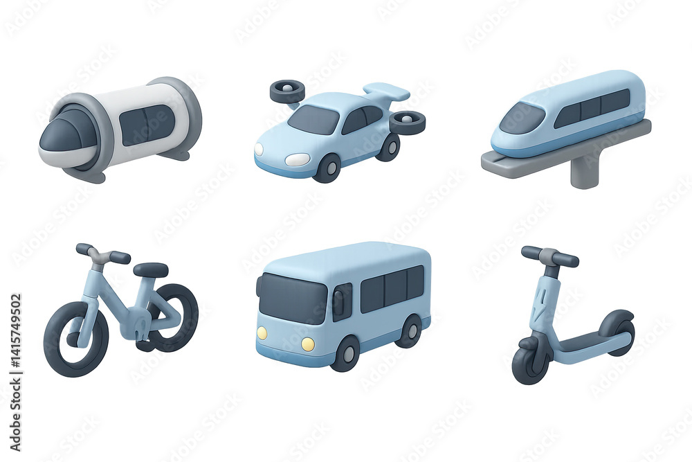 3D icon set of rail transport future: automated train, self-driving ...