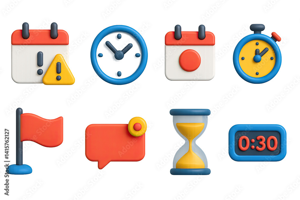 3D icon set of mobile app deadlines: calendar alert, clock icon, due date, time tracker ...