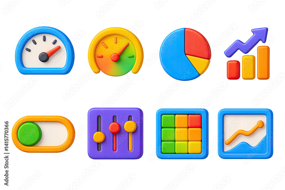 3D icon set of digital dashboard: speedometer, gauge chart, pie chart ...