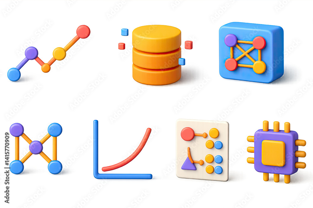 3D icon set of machine learning: algorithm graph, training data, ML ... 3D icon set of machine learning: algorithm graph, training data, ML ...