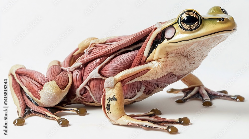 Anatomy of frog showing muscle and skeletal structures white background ...