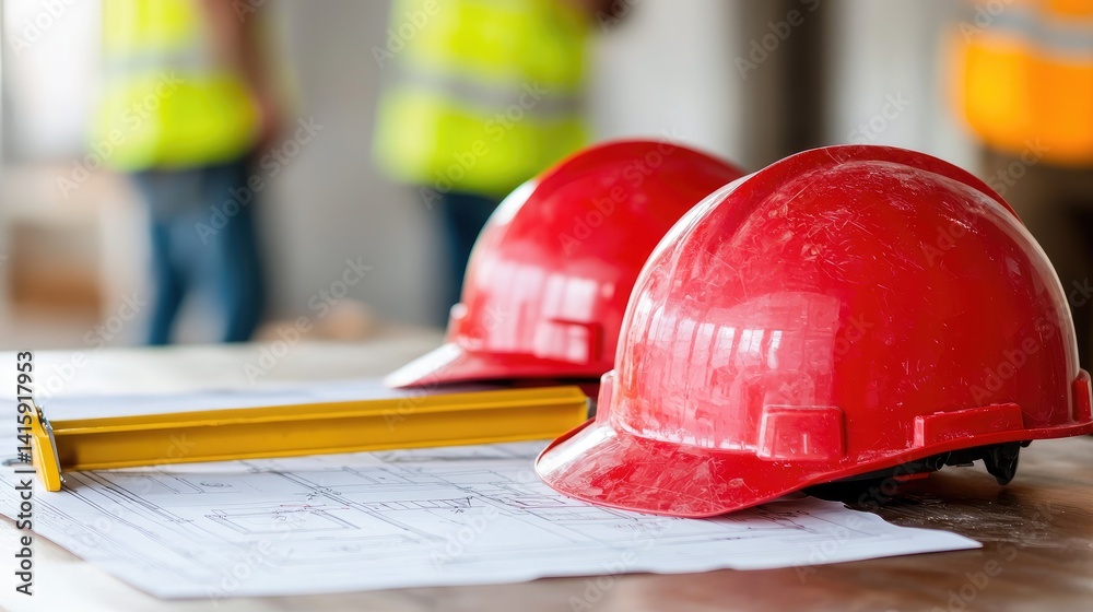 Red hard hats on blueprints construction safety and engineering Stock ...