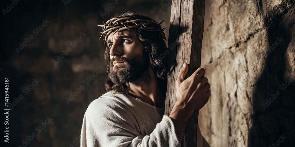 Jesus Christ on the way to Calvary carrying the cross. Passion and Crucifixion of Christ on Good ...