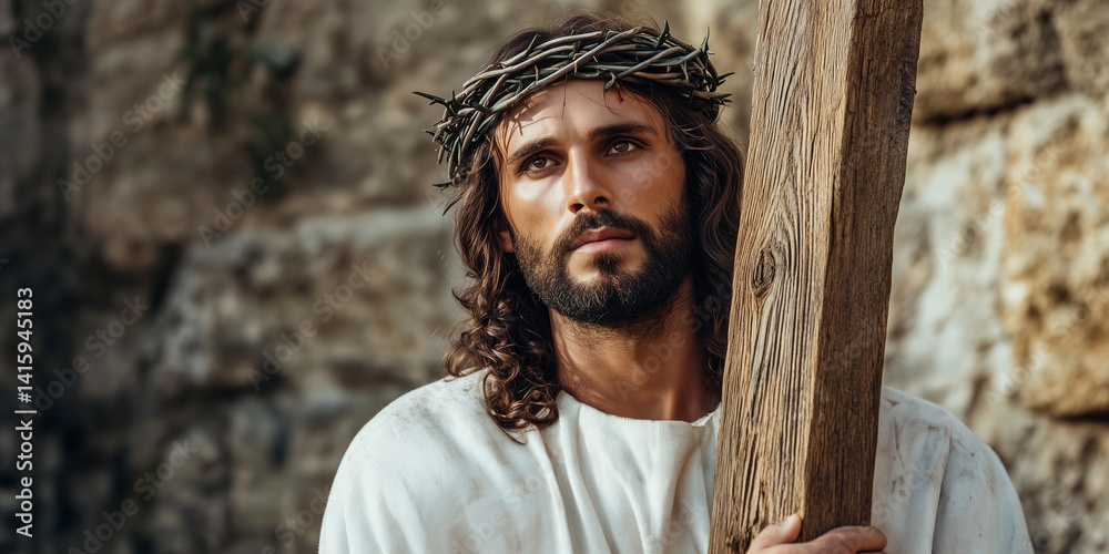 Jesus Christ on the way to Calvary carrying the cross. Passion and ...