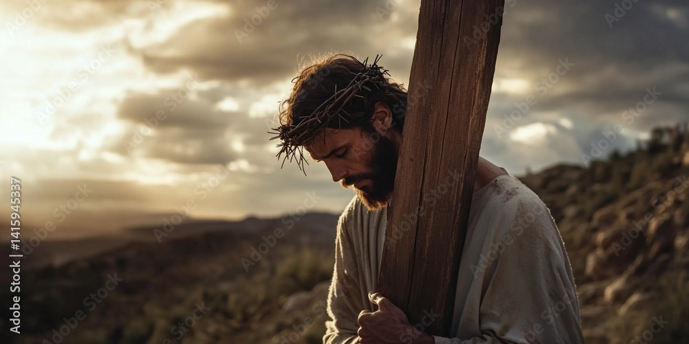 Jesus Christ on the way to Calvary carrying the cross. Passion and ...