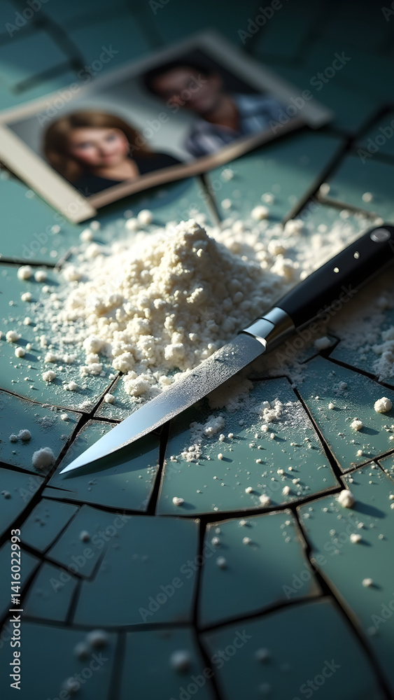 Cocaine lines on a cracked mirror with a razor blade and family photo ...