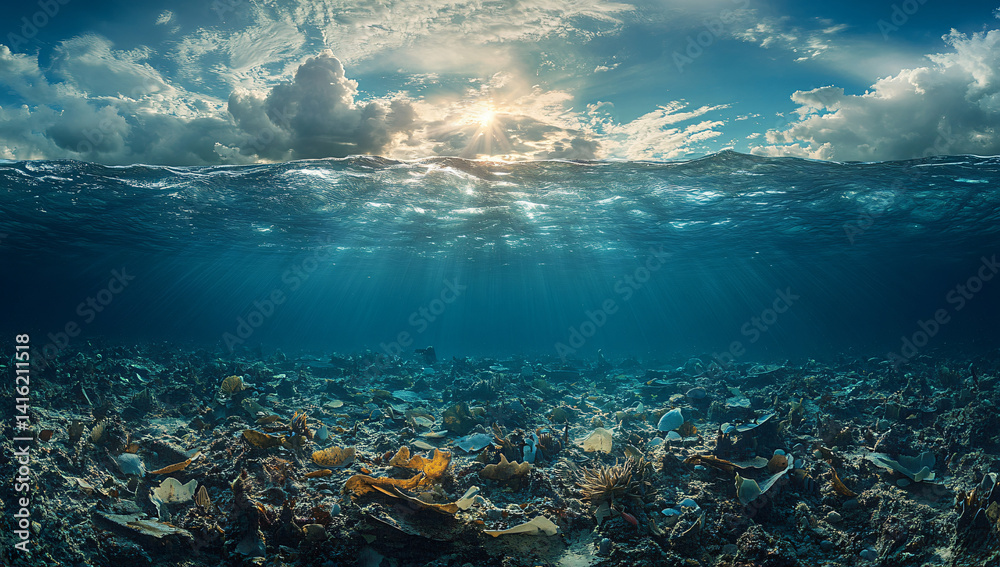 Sunbeams pierce the ocean's surface, illuminating a vibrant underwater ...