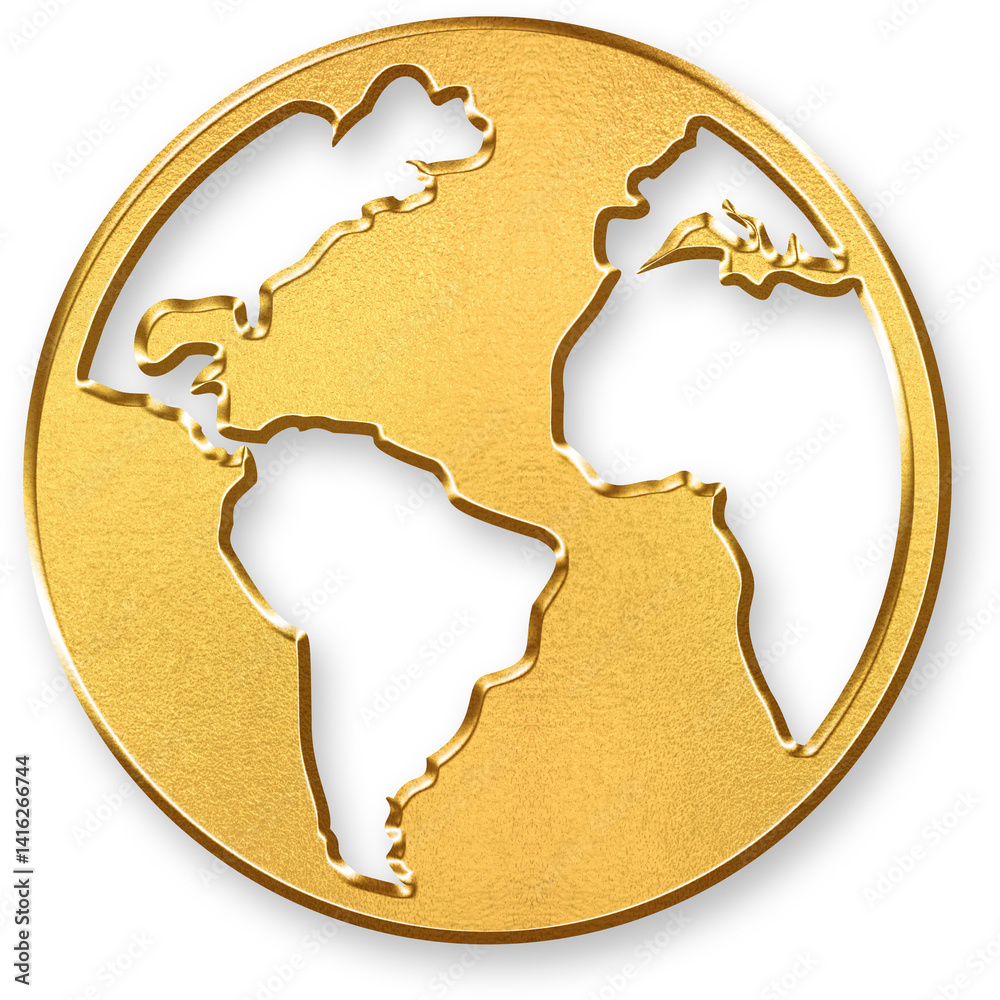 Gold Earth Icon – 3D Glossy Golden Planet Symbol with Metallic Shine ...