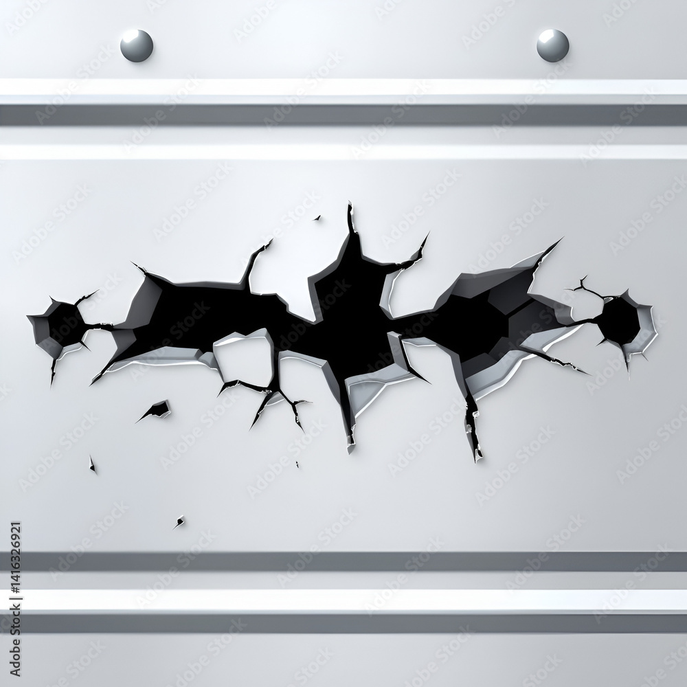 Rip holes in metal, ragged cracks, cut damage on steel sheet of ...