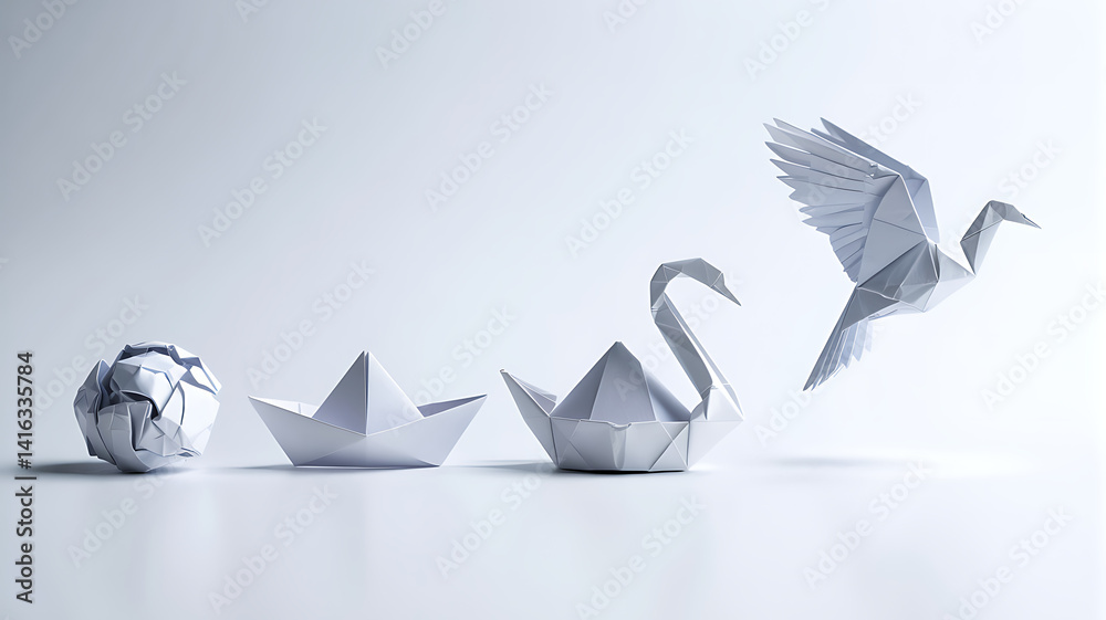 Origami Metamorphosis Crumpled Paper to Boat to Swan to Flying Bird ...