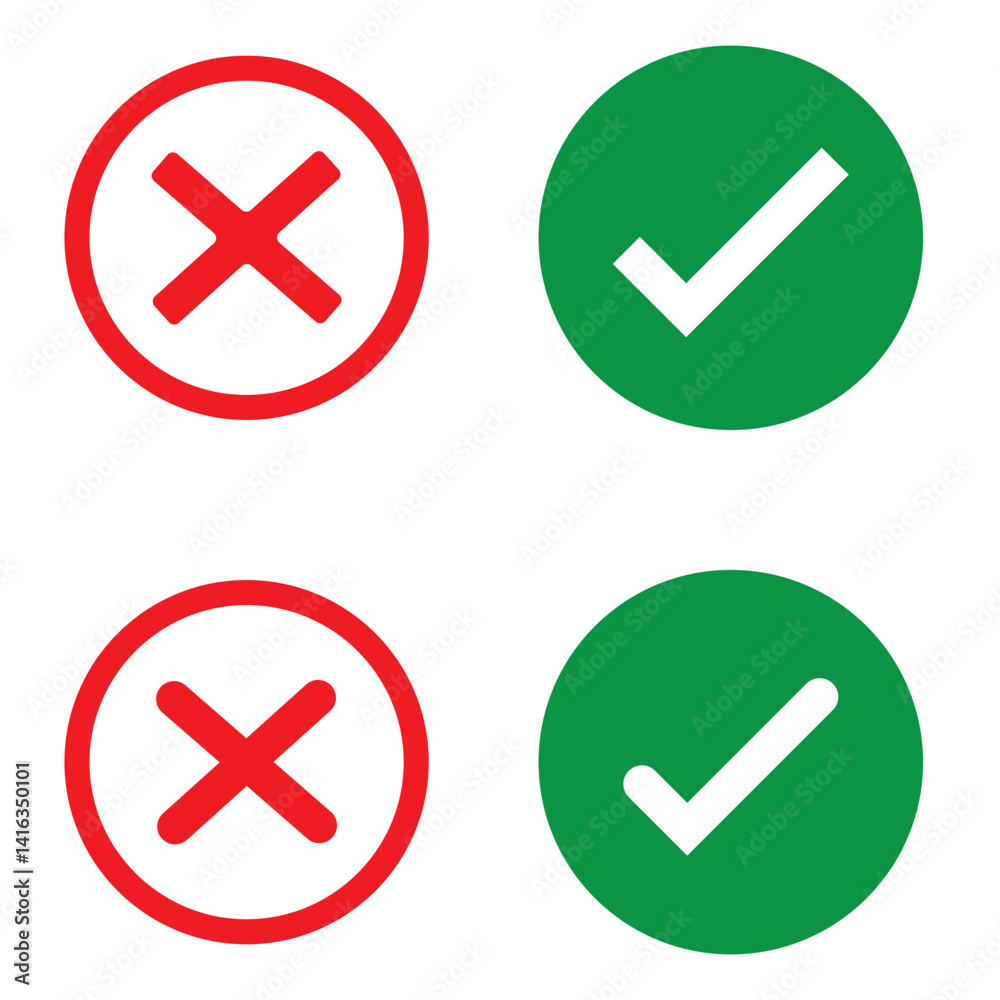 Green Tick Mark Icon. Green Right or Red wrong icons. Green tick and red cross checkmarks in ...