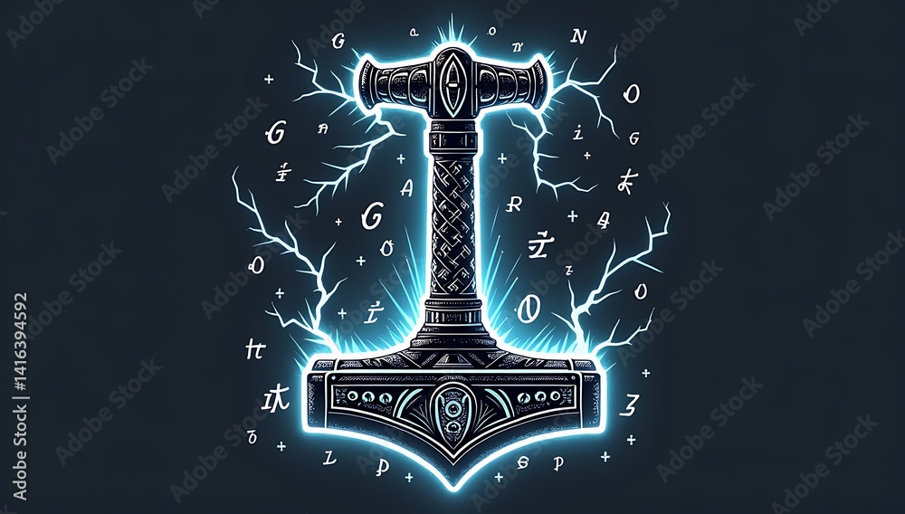 "Stylized Illustration of Thor’s Hammer Mjölnir with Lightning and ...