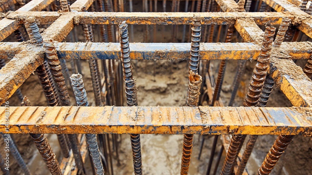 Reinforced steel framework ready for concrete pouring in construction ...