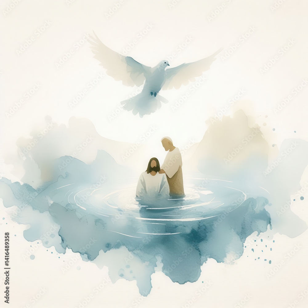 Jesus baptized by John in the Jordan River with the Holy Spirit as a dove above – minimalist ...