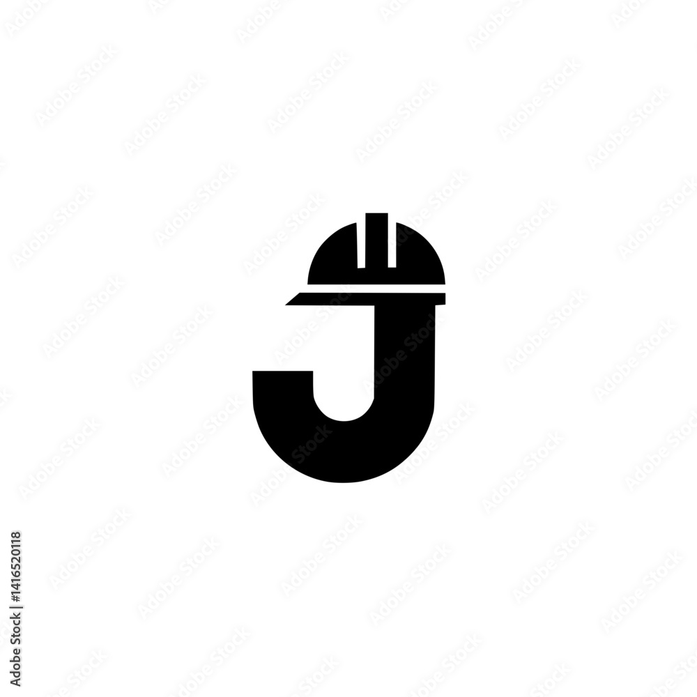 Letter J with Construction Hard Hat Illustration, Stylized black letter ...
