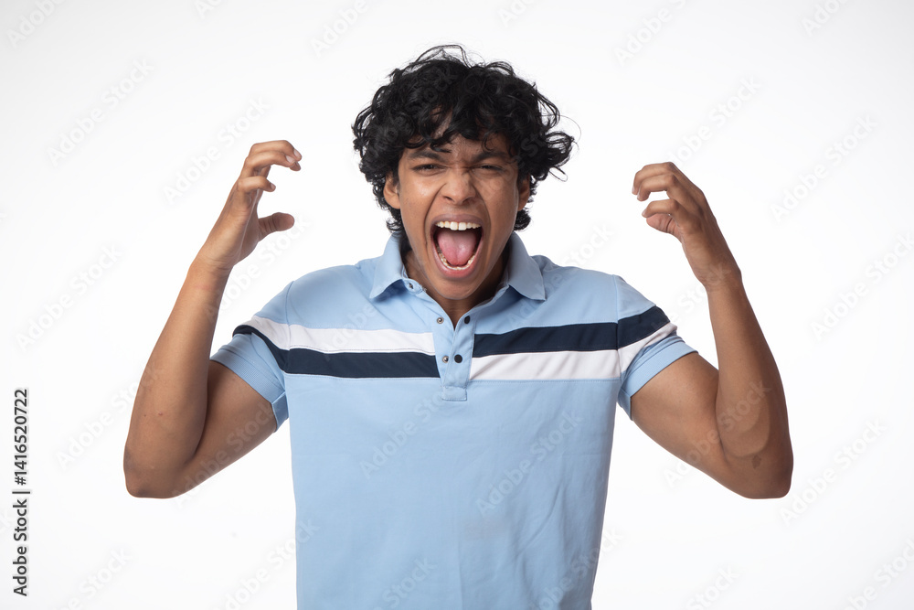 Indian angry rage young man shouting screaming gesturing over white ...