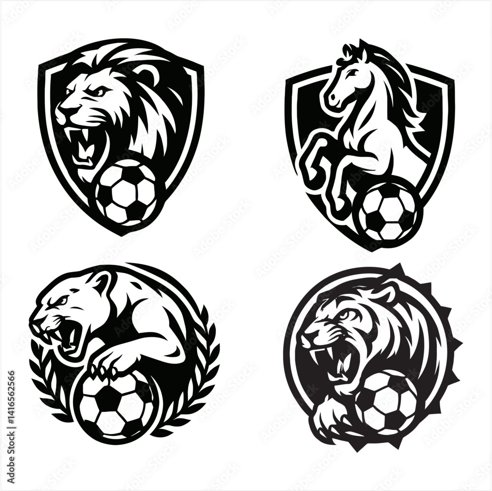 Soccer Team Animal Mascots Vector Set Lion Horse Panther Tiger Logos ...