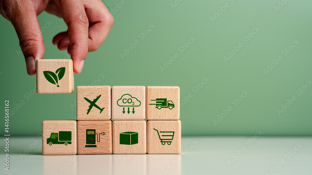 Green logistic or Sustainable transport. Green logistics icon on wooden ...