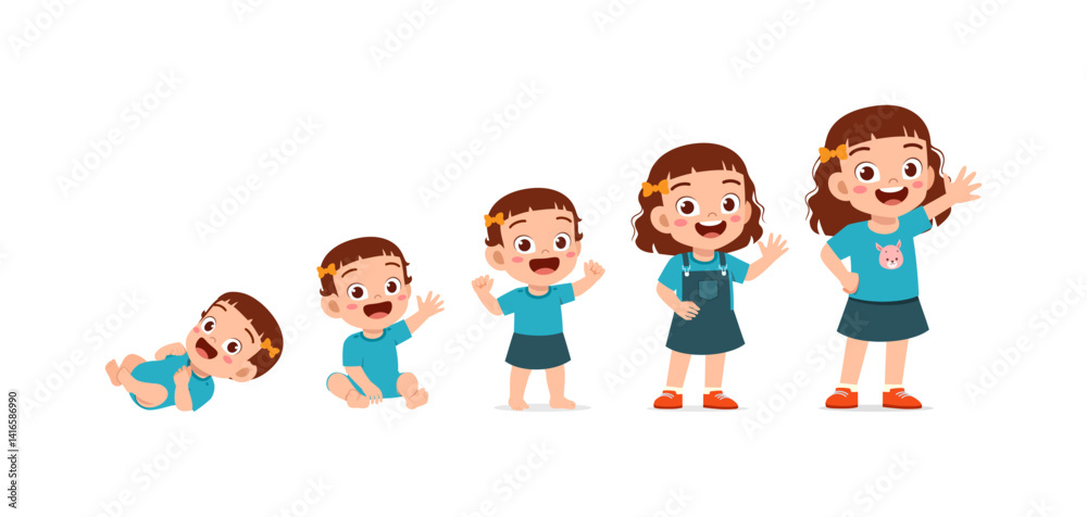 Illustration of Growing Stages of Girl From Baby to Older Kid Waving ...