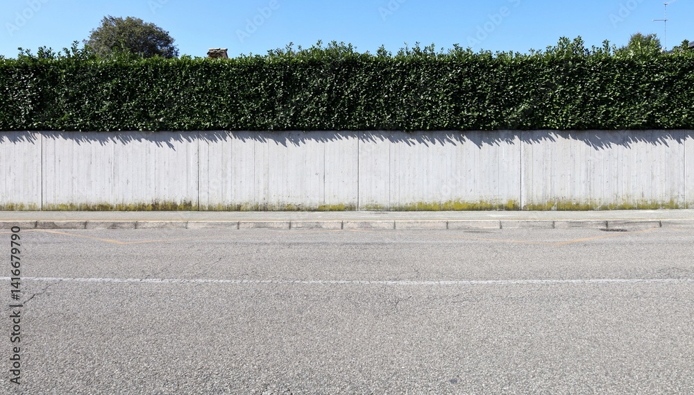 Long and high concrete fence with hedge on top. Cement sidewalk and ...