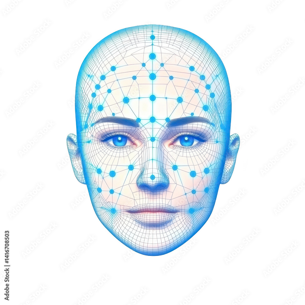 digital illustration of human face with network of blue nodes and lines ...