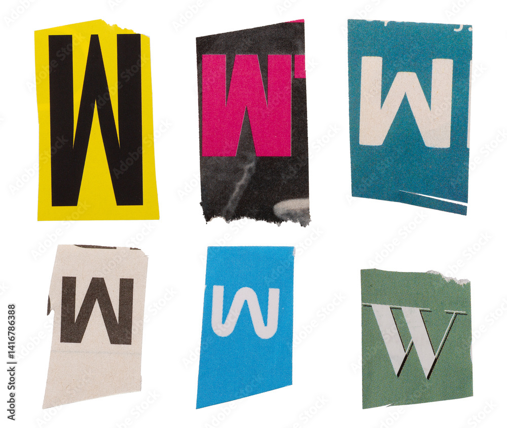 Ransom letter font W from printout magazine cutout, collage element for ...