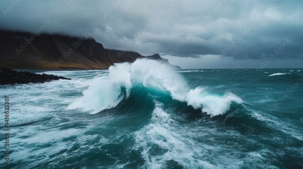 Giant ocean waves crashing violently against rocky shores, dark stormy ...