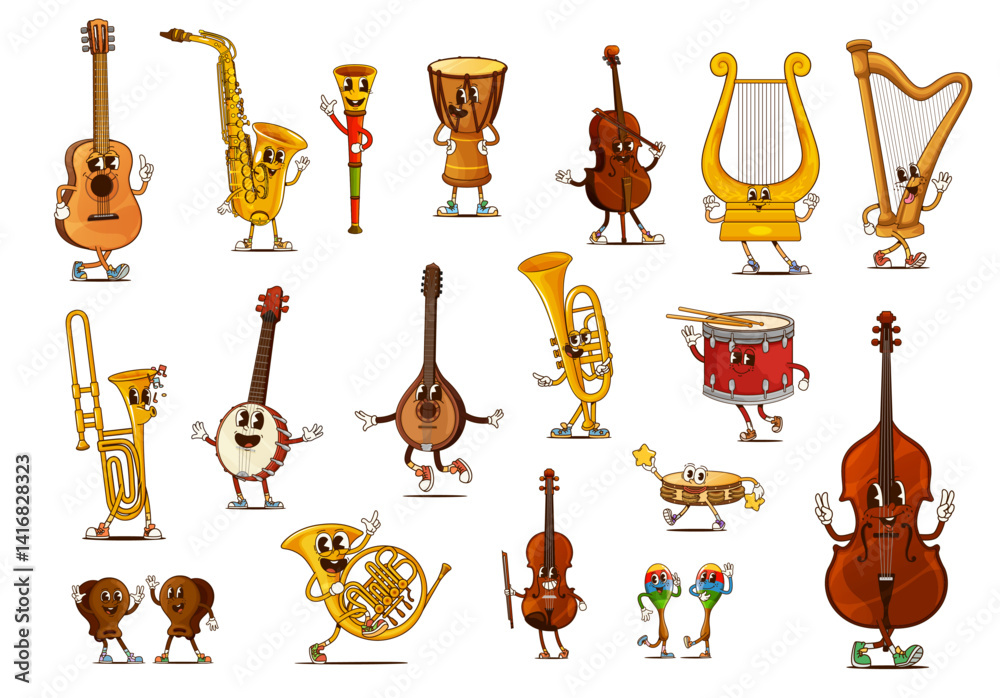 Groovy musical instruments characters. Cartoon vector trumpet, lyre ...