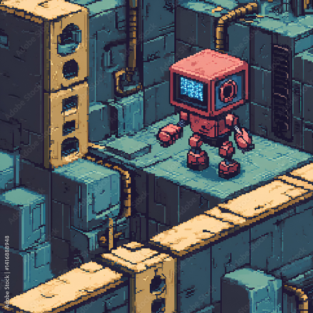 Exploring a retro robot adventure in a pixelated factory setting ...
