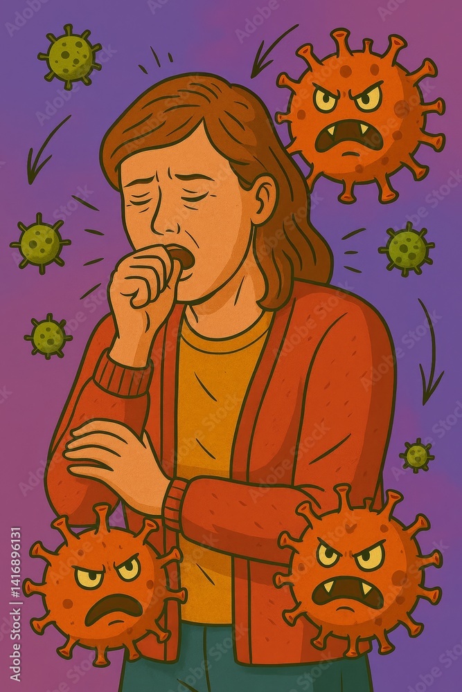Cartoon illustration of sick woman coughing, surrounded by angry virus ...