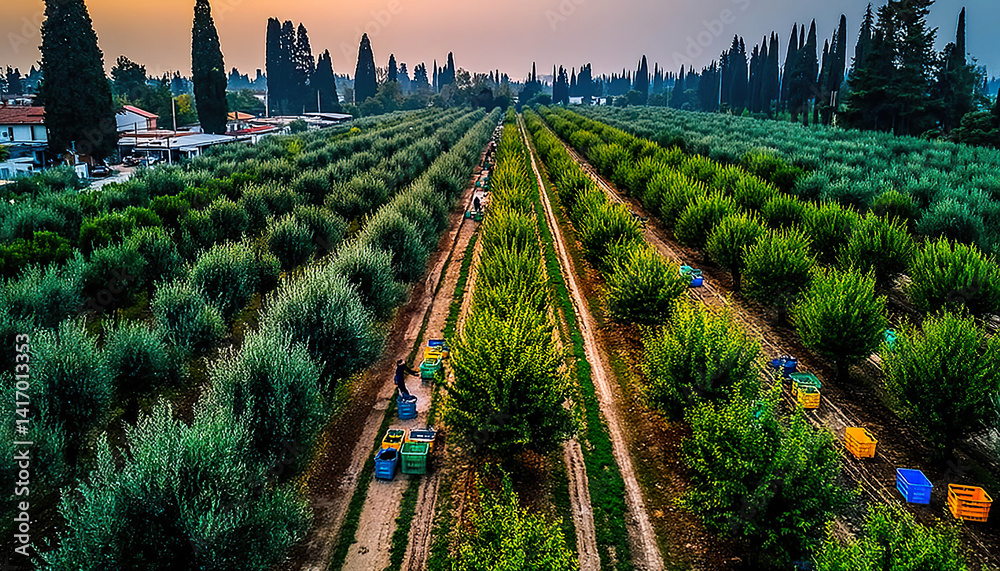 Rows of organized fruit trees with pickers and colorful containers in ...