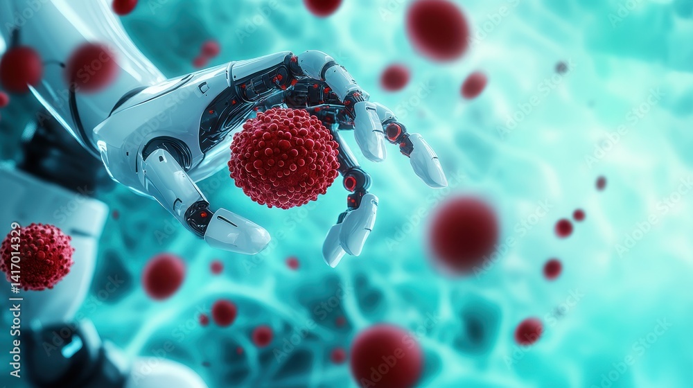 White robotic arm holding red virus cells in air with floating viruses ...
