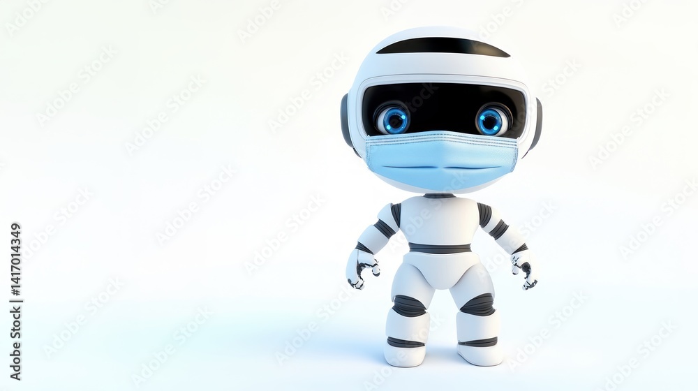 Cute white robot wearing medical mask on white background shows safety ...