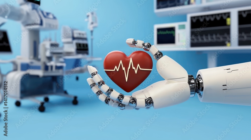 Ai robot hand holding ecg line leading to heart shape shows data and ...