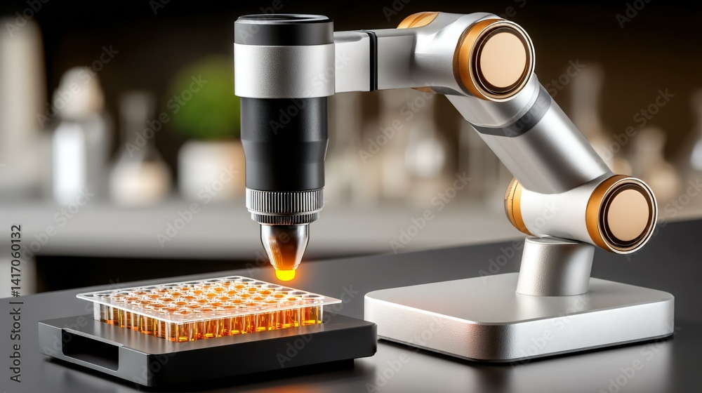 macro of a lab automation deck with microplate, robotic arm, and ...