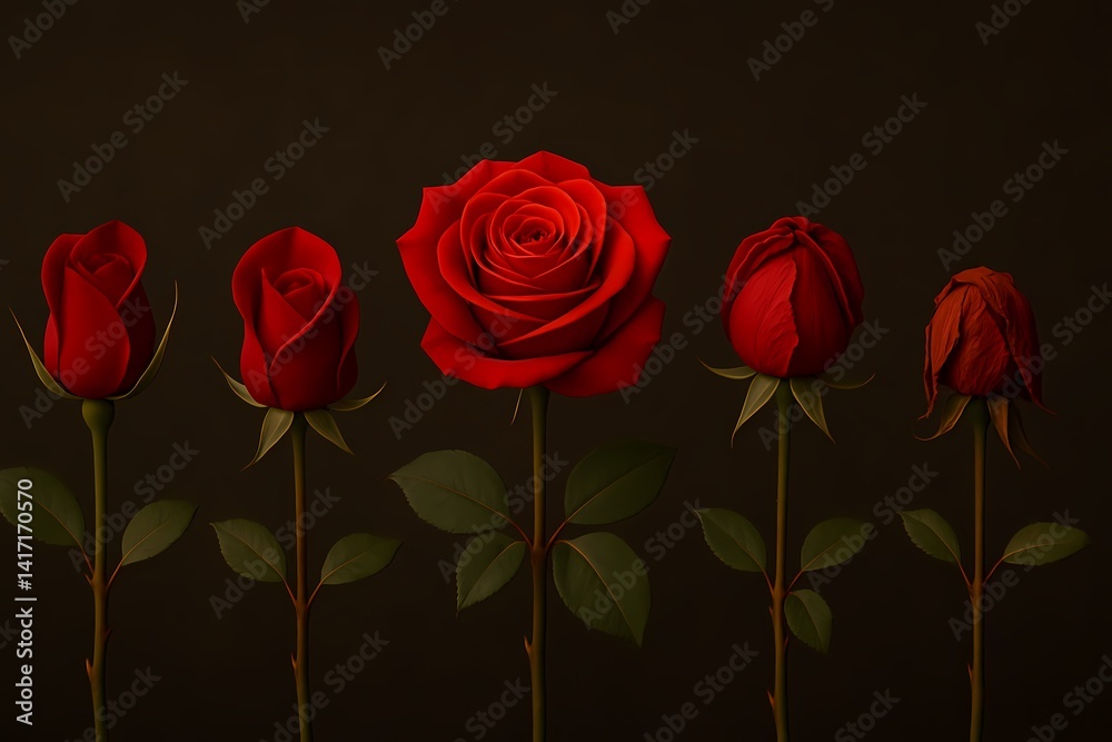 Rose Life Cycle Five roses in various stages from bud to bloom and wilt ...
